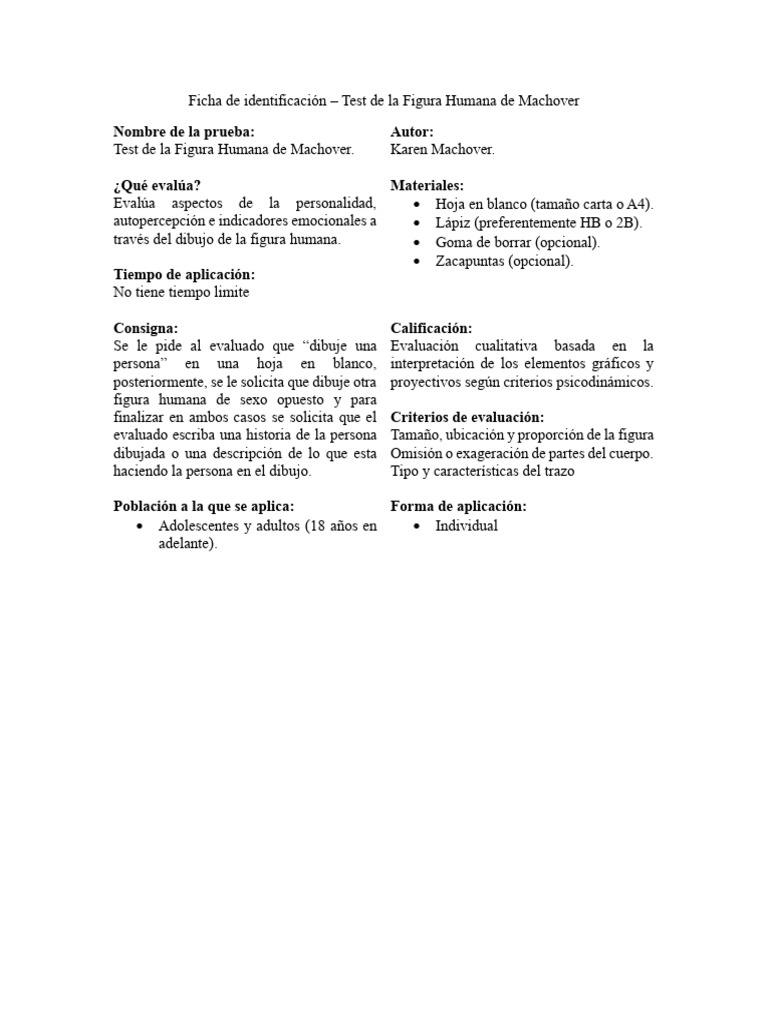Ficha Técnica del Test Machover | PDF
