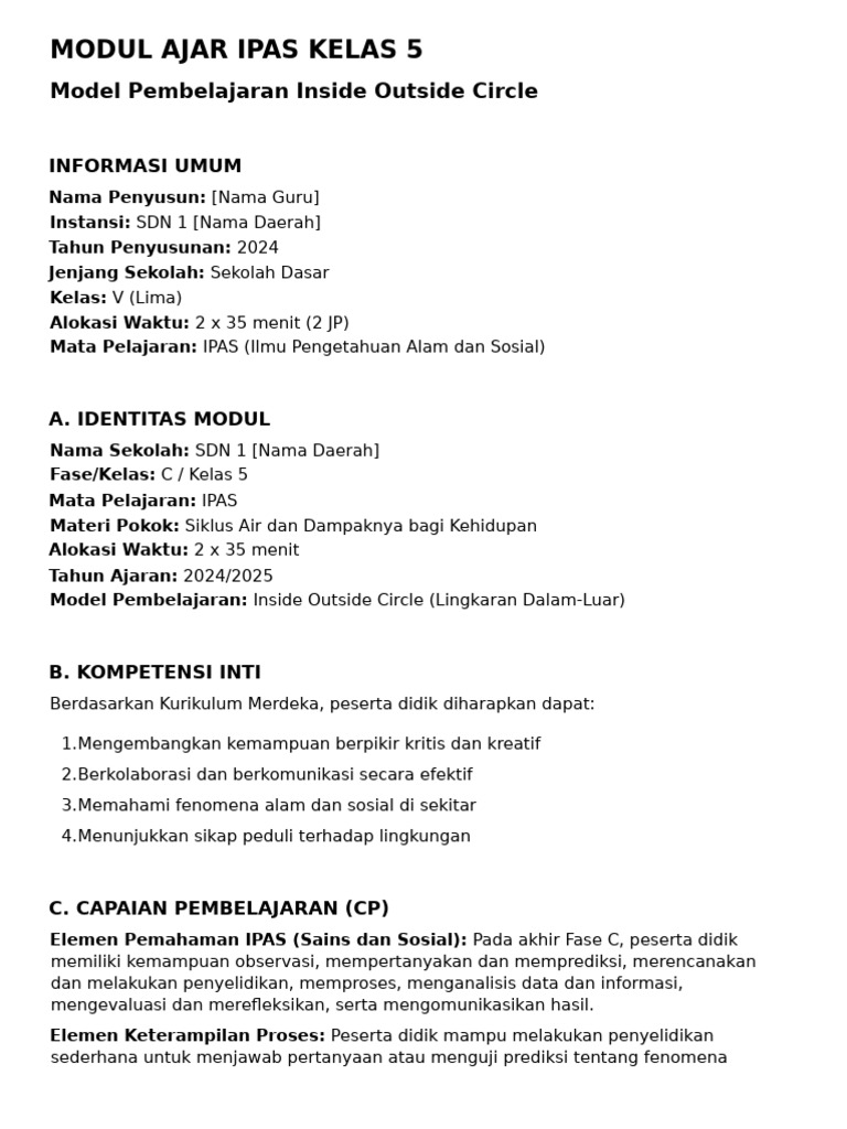 Modul Ajar IPAS Kelas 5 - Model Inside Outside Circle | PDF