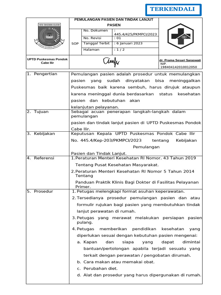 Sop Pemulangan Dan Tindak Lanjut 2023 (Salinan Terkendali) | PDF