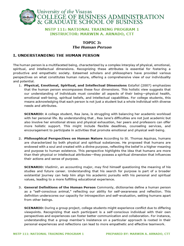 NSTP 111 Topic 3-The Human Person | PDF | Self Actualization | Rationality