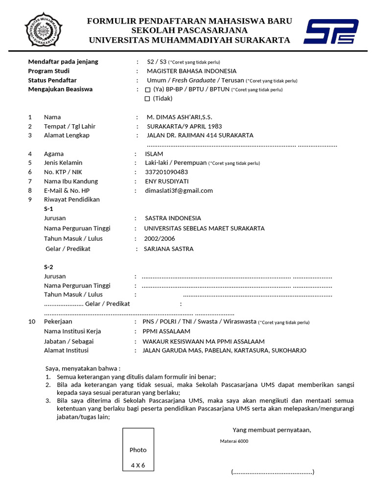 Formulir Pendaftaran S2 | PDF