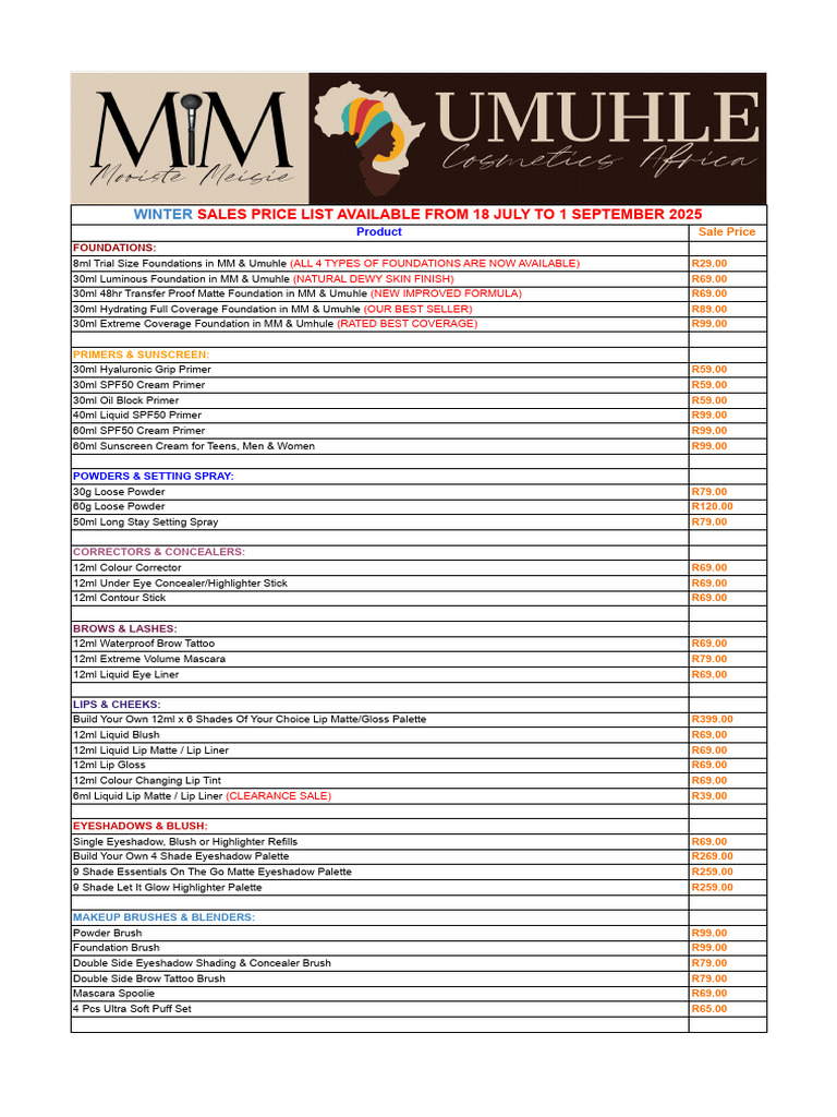 Umuhle Cosmetics Winter Sale Prices | PDF | Skin Care | Toiletry