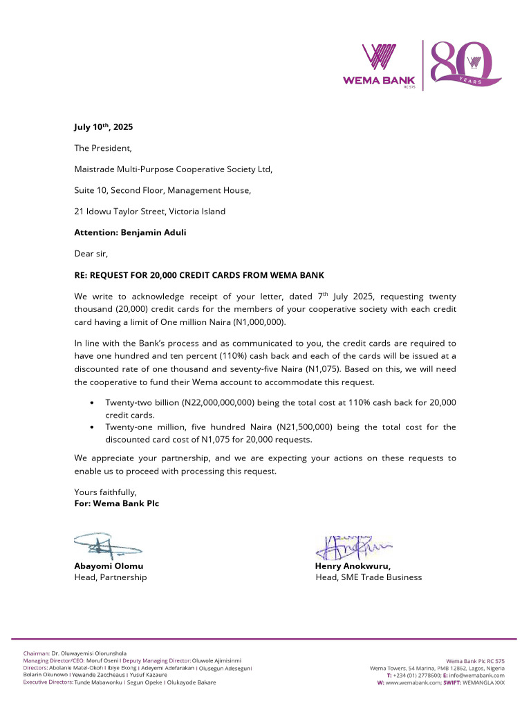 RESPONSE LETTER FOR MAISTRADE CREDIT CARD REQUEST Signed1 | PDF