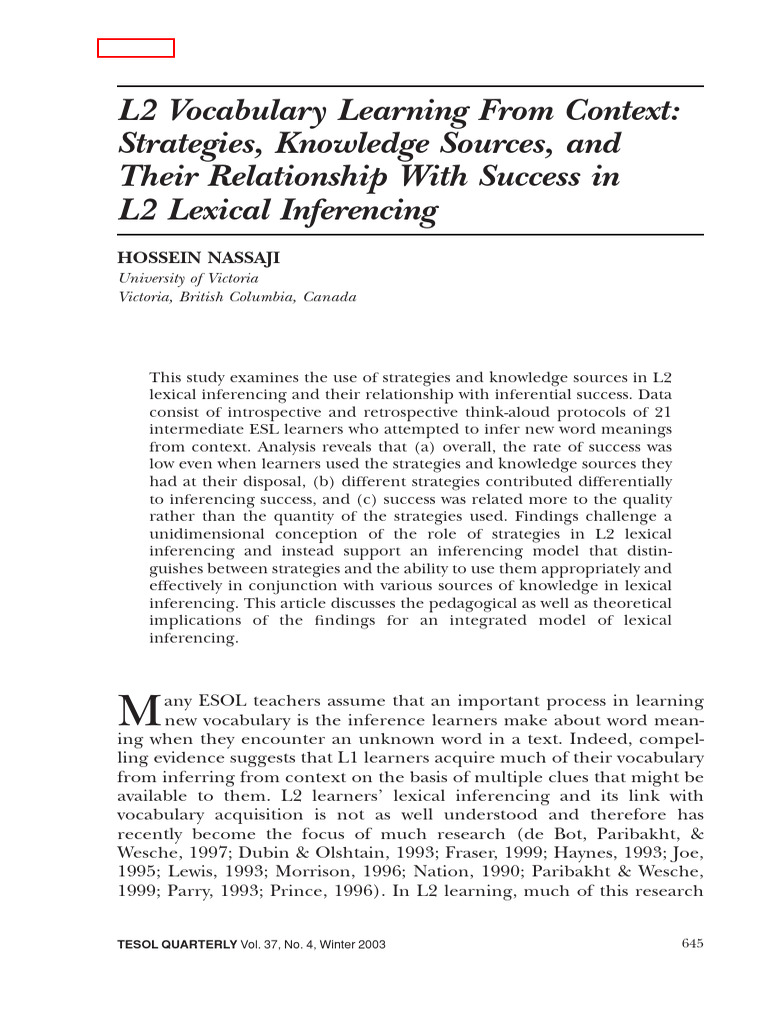 L2 Vocabulary Learning From Context Stra | PDF | English As A Second Or ...