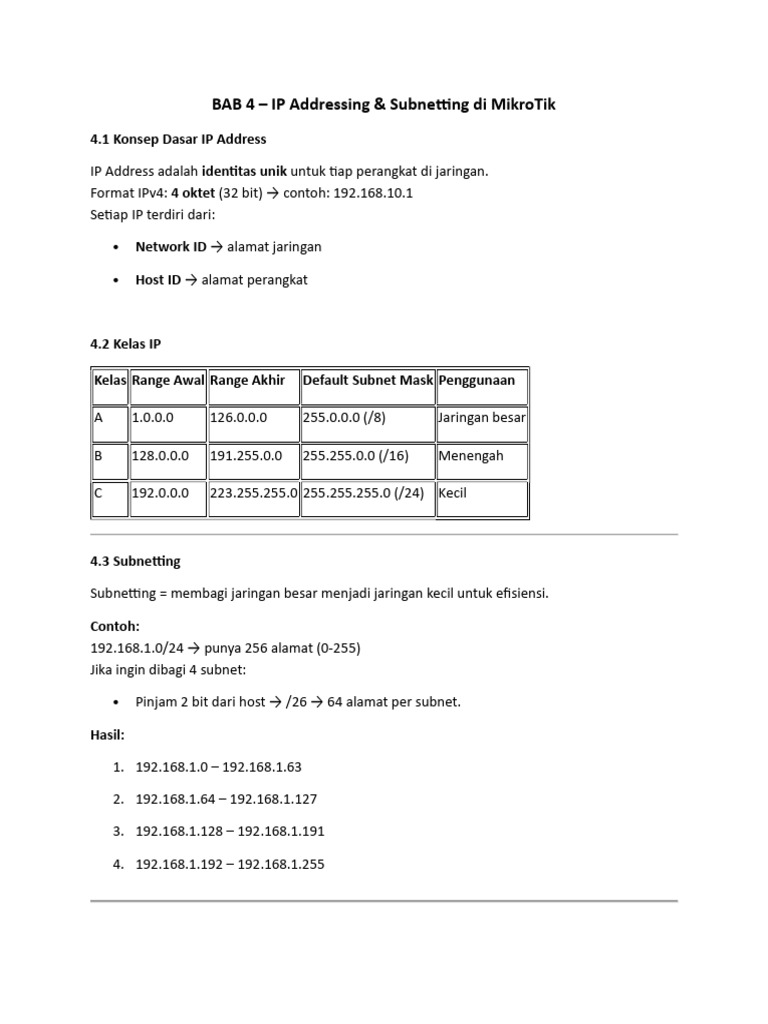 IP Addressing & Subnetting Di MikroTik | PDF