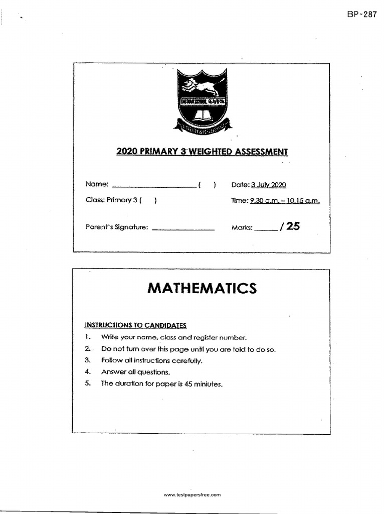 P3 Maths 2020 CA2 Taonan | PDF