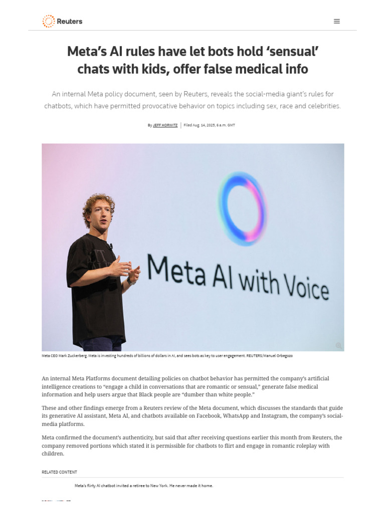 Meta's AI Rules Have Let Bots Hold Sensual' Chats With Children | PDF | Artificial Intelligence ...
