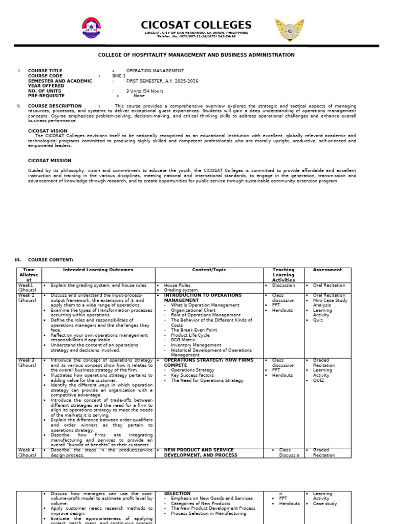 Operations Management Course Syllabus | PDF | Quality Management ...