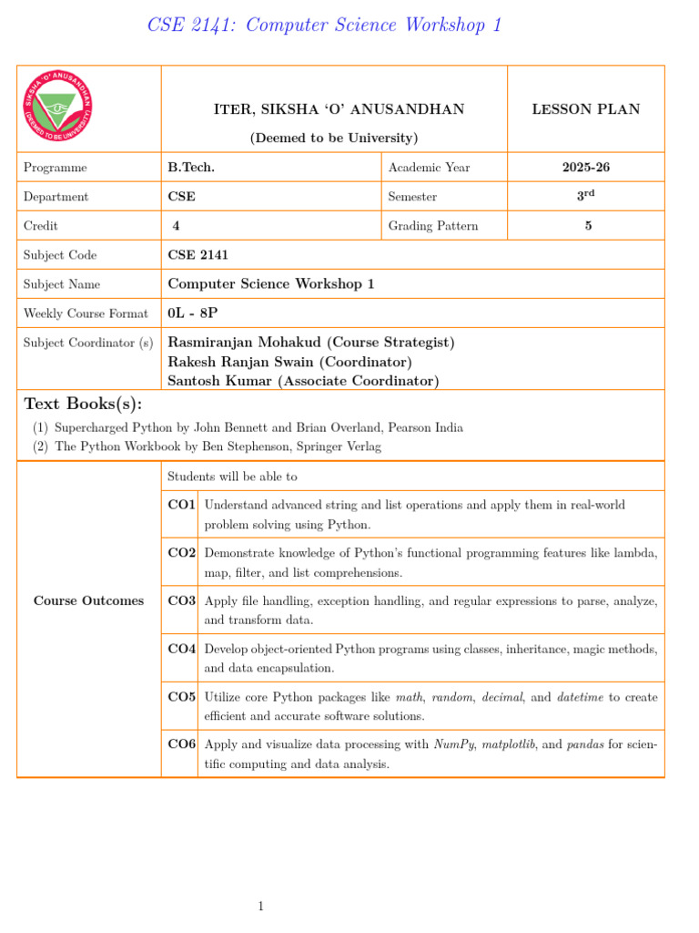 Computer Science Workshop 1 Syllabus | PDF | Python (Programming ...