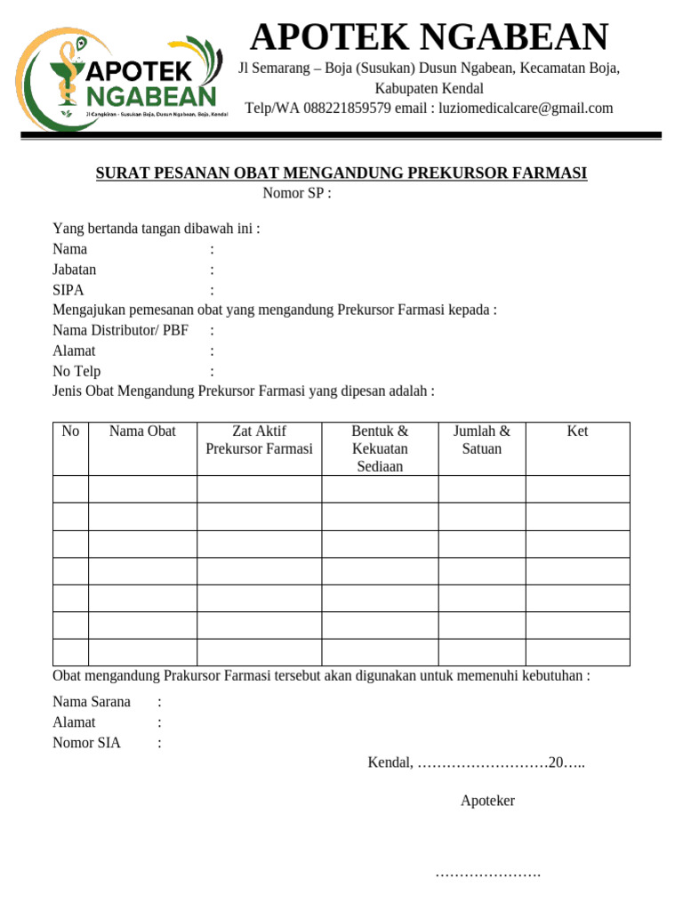 Surat Pemesanan Obat Apotek Ngabean | PDF