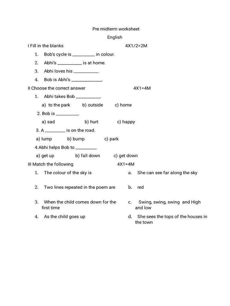 Grade1 English Pre Midterm Model Question Paper 1 | PDF
