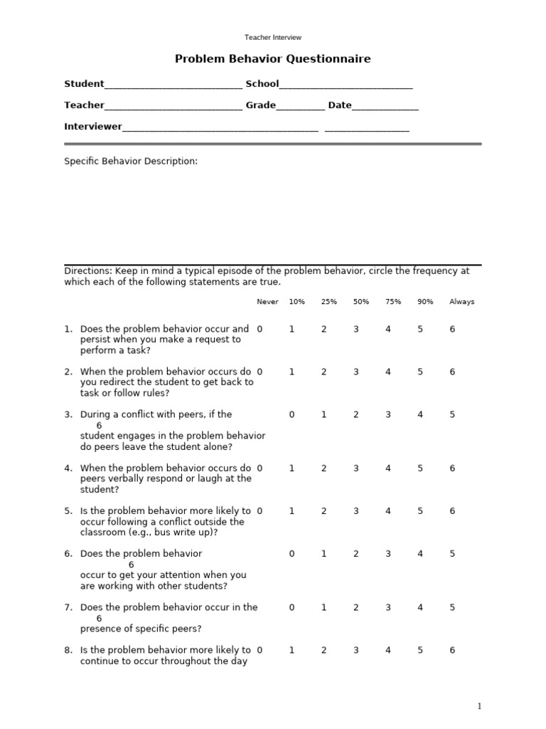 Problem Be Ha Vio Questionnaire | PDF | Behavioural Sciences | Psychology