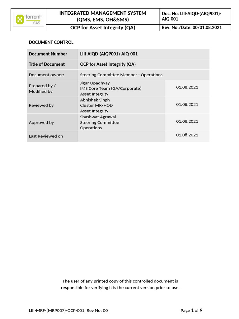 Liii MRF (Mrp007) Ocp 001 - Asset Integrity (Qa) | PDF | Quality ...