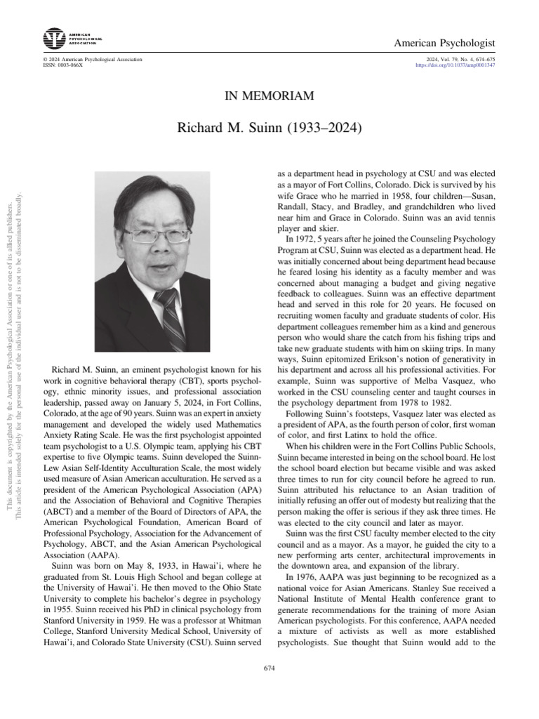 Remembering Richard M. Suinn | PDF | Psychology | Behavioural Sciences