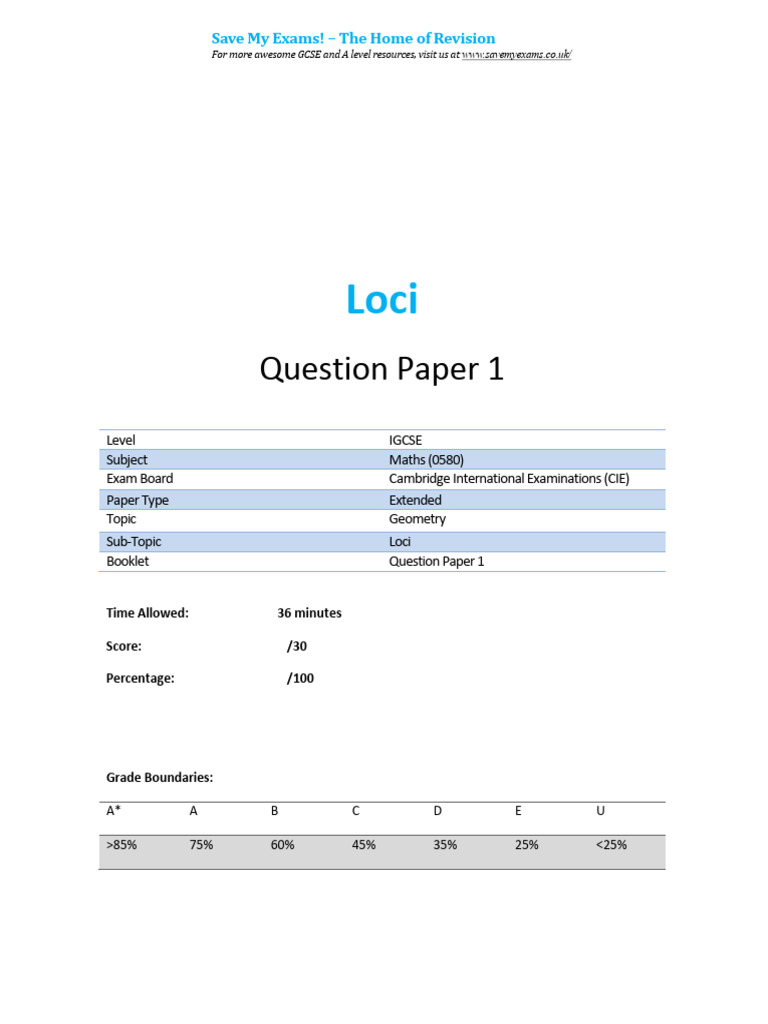 IGCSE Maths Loci Question Paper 1 | PDF | Career And Technical ...