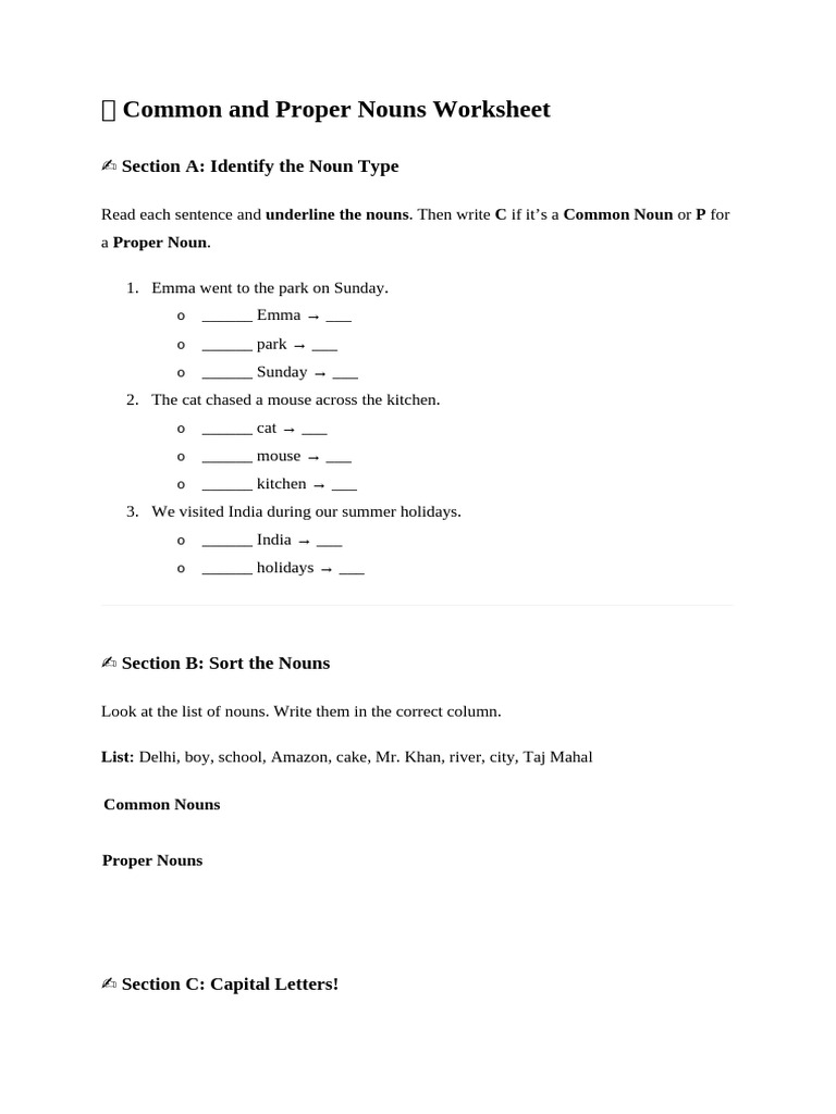 Common and Proper Nouns Worksheet | PDF | Linguistic Typology ...