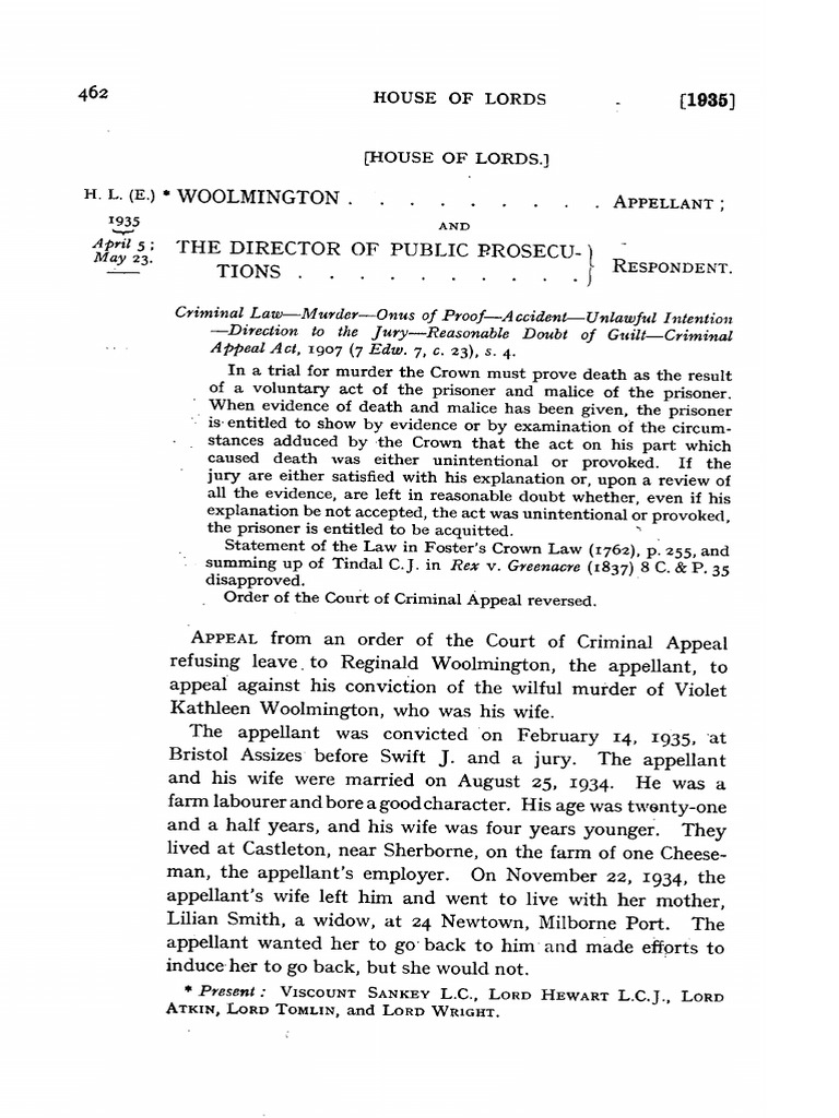 Woolmington Vs DPP | PDF