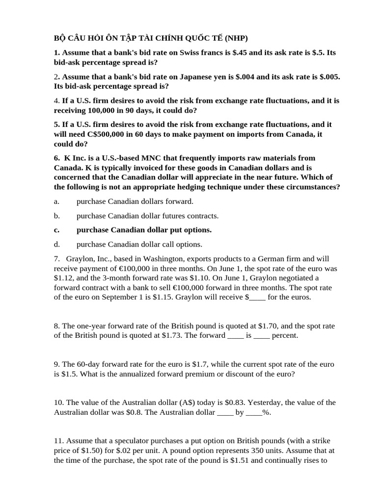 BỘ-CÂU-HỎI-ÔN-TẬP-TÀI-CHÍNH-QUỐC-TẾ | PDF | Option (Finance) | Exchange Rate