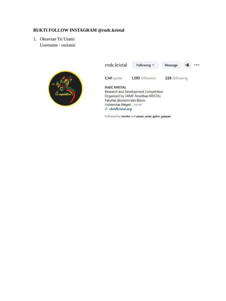 Bukti Screenshot Follow Instagram @RNDC - Kristal | PDF