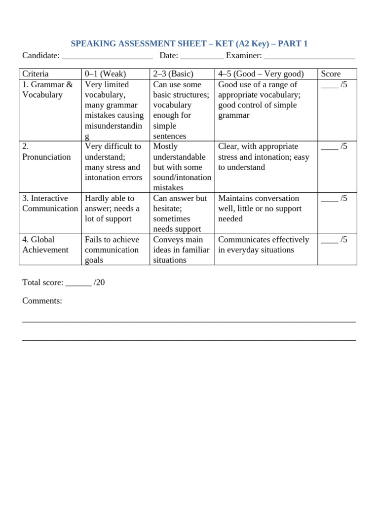 Speaking Assessment KET EN | PDF