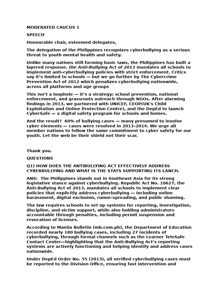 Mod Caucus Speech No 1 | PDF | Cyberbullying | Mental Health
