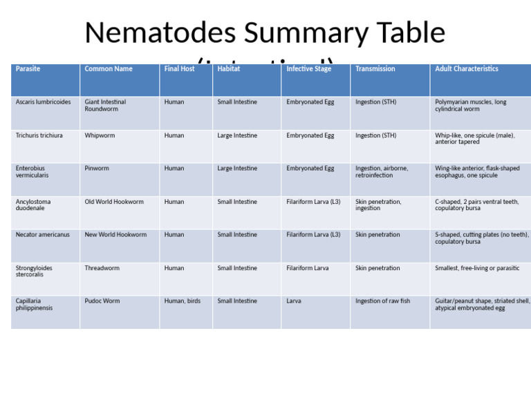 Nematodes Summary Table | PDF
