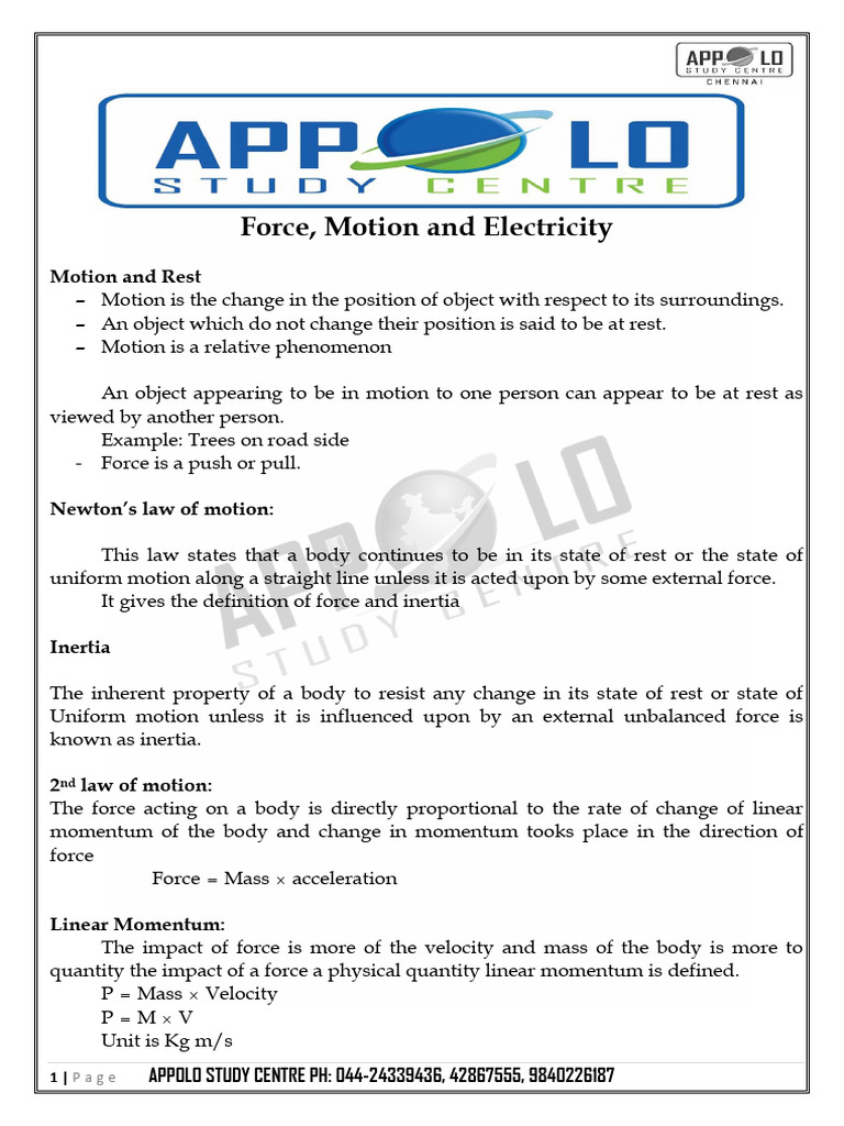 Force, Motion & Electricity - Physics 1st Worksheet Eng - PDF ...