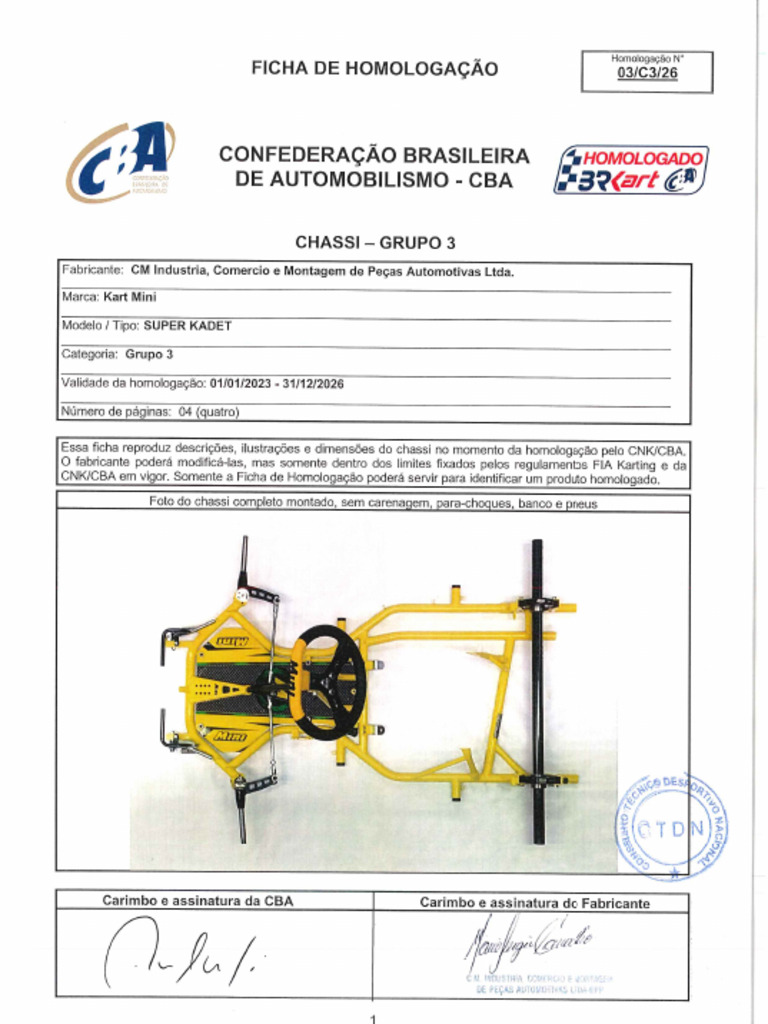 Ficha de Homologacao Kartmini Chassi Grupo 3 2022 | PDF