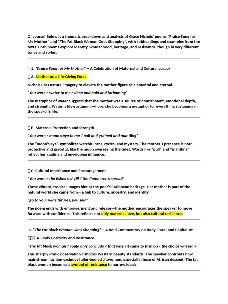 Analyzing Grace Nichols' Poems | PDF | Poetry