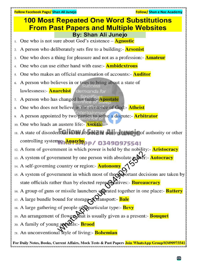 100 Most Repeated One Word Substitute From Past Papers by Shan Ali ...