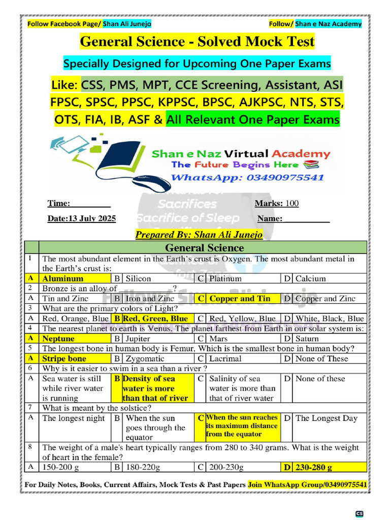 General Science - EDS Solved Mock Test For JST, 5 To 15 Grade, AD ASF ...
