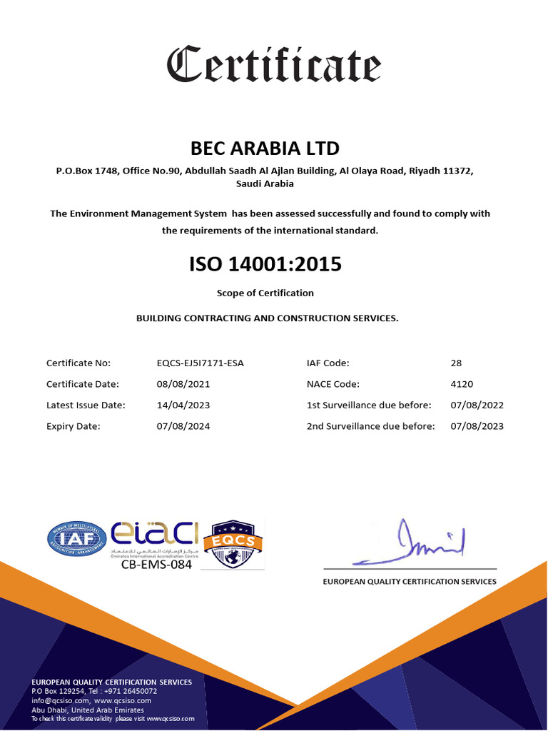 ISO 14001:2015 Certification for BEC Arabia | PDF