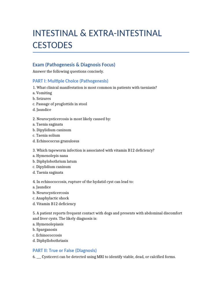 Cestodes: Pathogenesis & Diagnosis Exam | PDF | Human–Animal ...