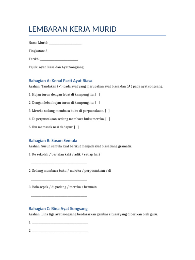 Lembaran Kerja Murid BM Tingkatan 3 | PDF
