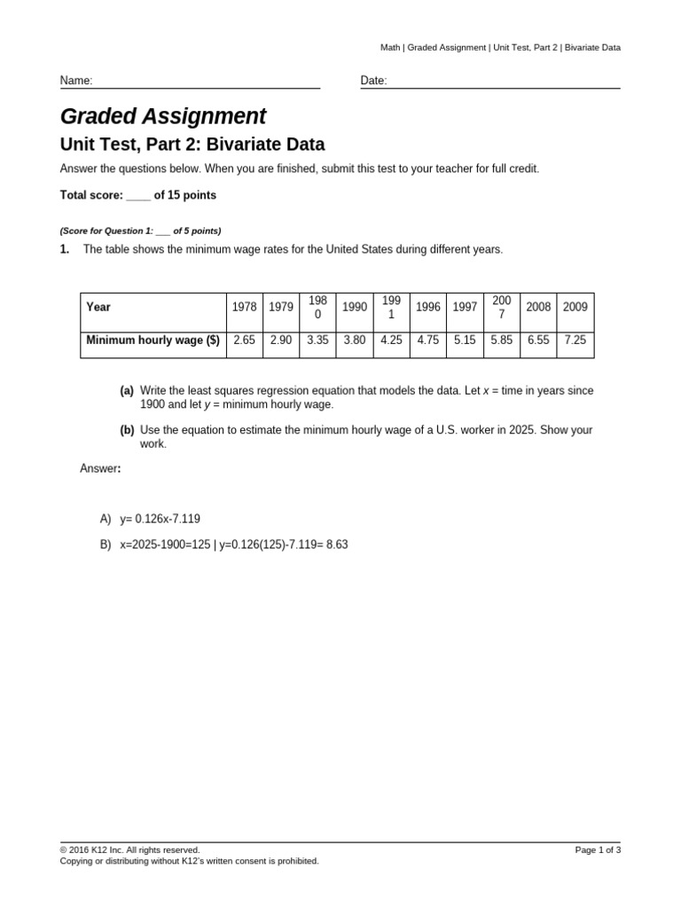 Bivariate Data Unit Test Assignment | PDF | Regression Analysis | Least ...