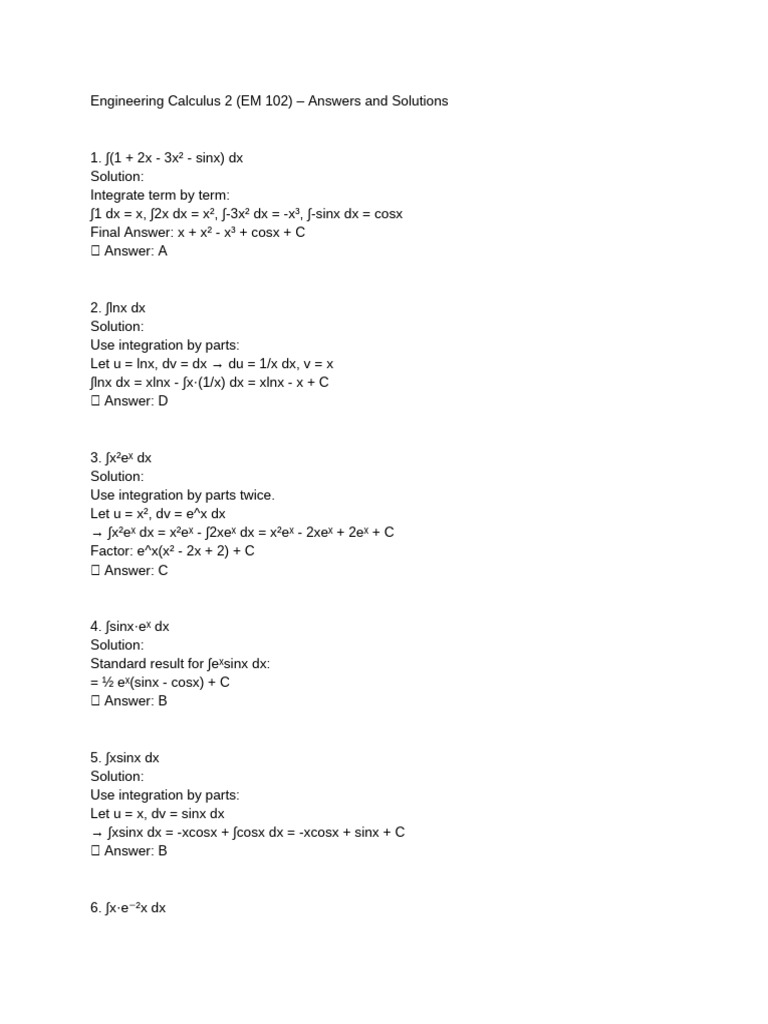 Engineering Calculus 2 (EM 102) - Answers and Solutions | PDF