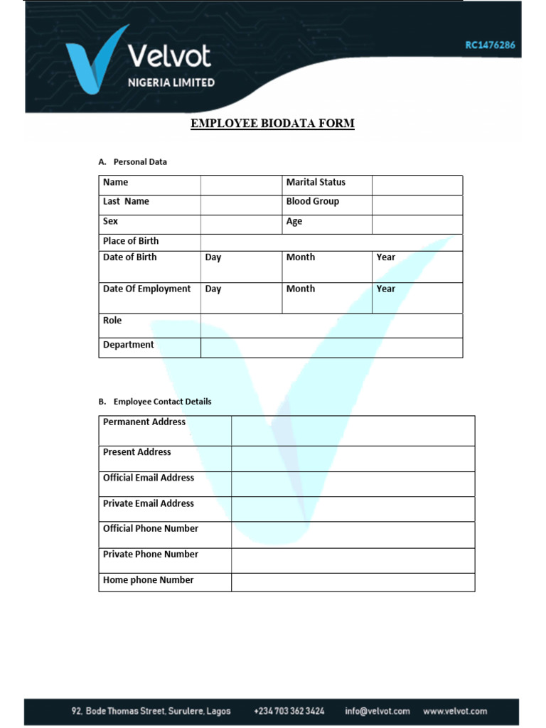 Employee Biodata Form Template | PDF