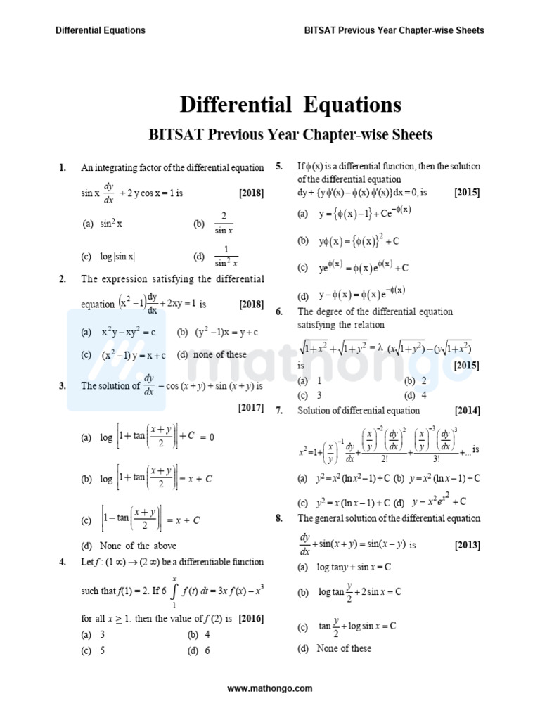Differential Equations BITSAT Previous Year Chapter Wise Sheets | PDF ...