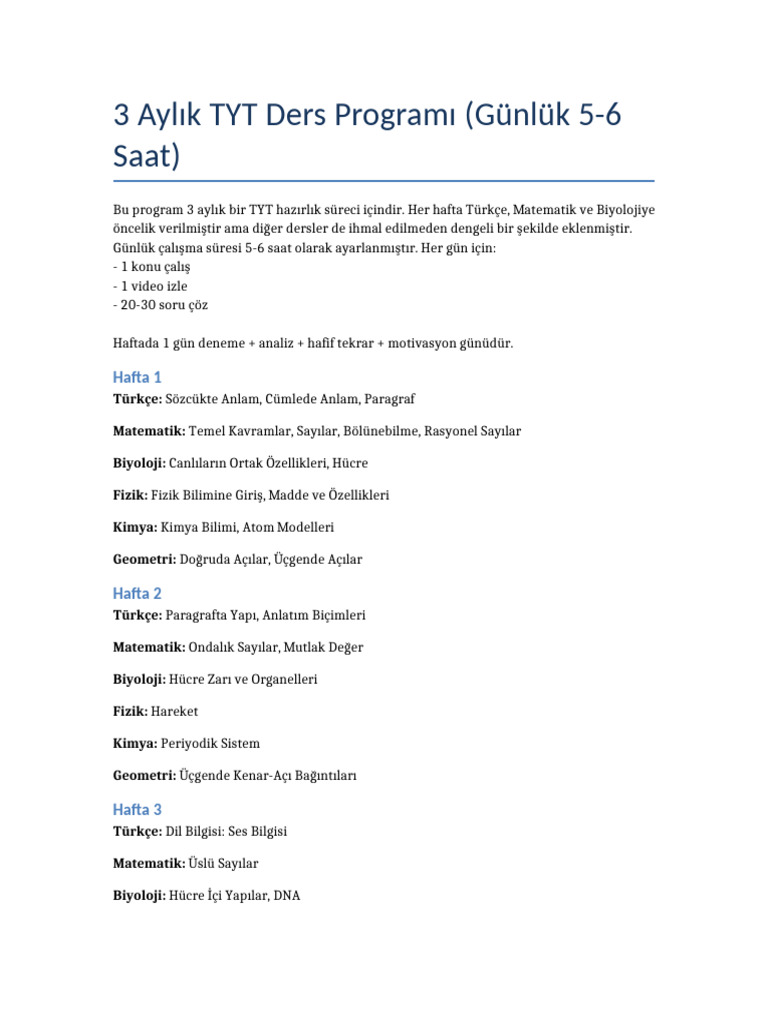 3 Aylik TYT Program | PDF