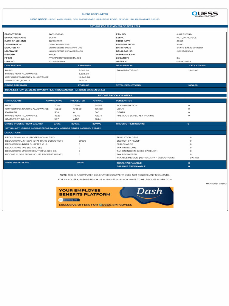 Sonu - April 2024 - Salary Slip - April-2024 | PDF