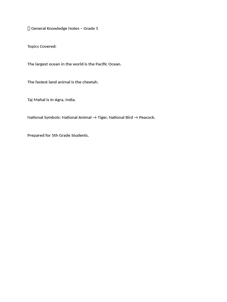 Grade 5 General Knowledge Notes | PDF