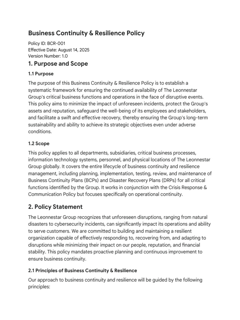 Business Continuity & Resilience Policy | PDF | Business