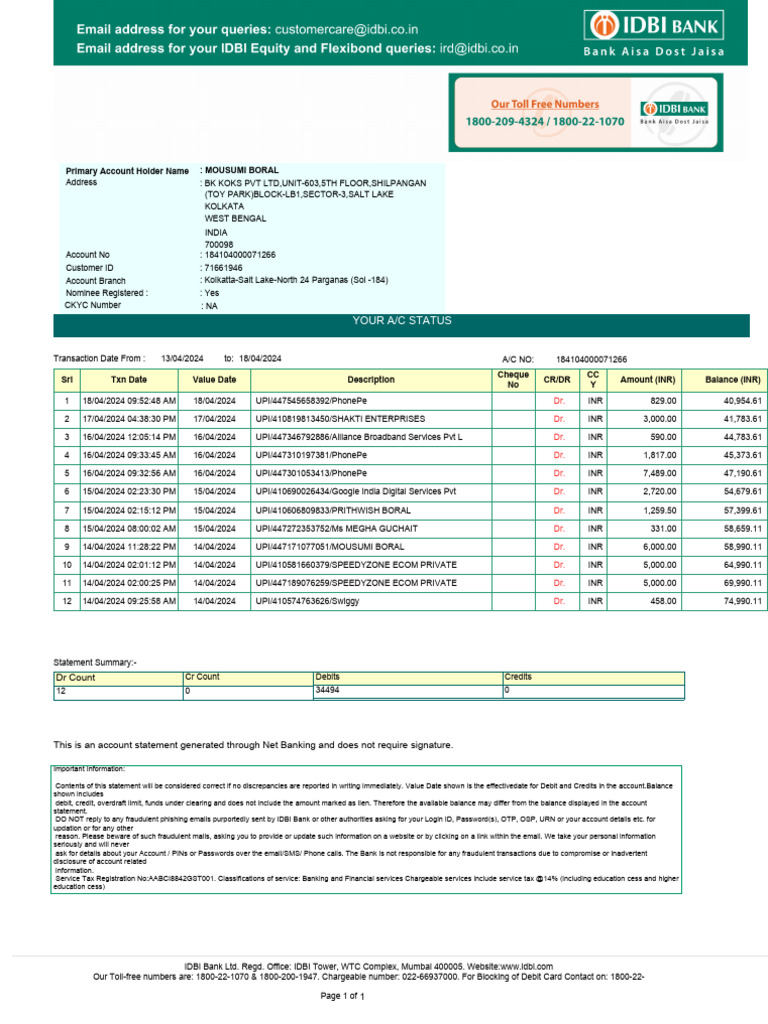 IDBI Bank Statement 13.04.2024 To 18.04.2024 | PDF | Banking Technology | Payments