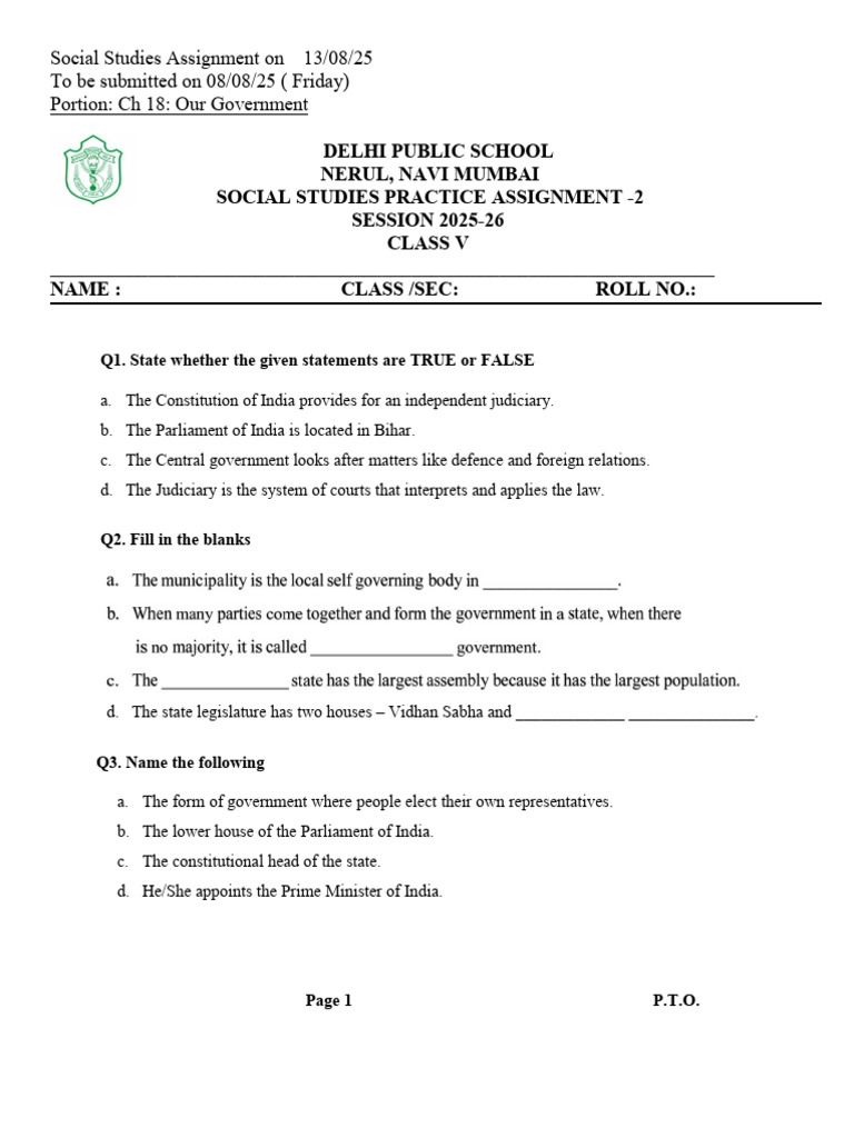 Social Studies Practice Assignment 2 Class V 6 8 2025 | PDF