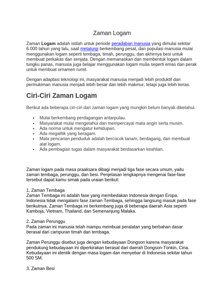 Ciri dan Fase Zaman Logam Manusia | PDF