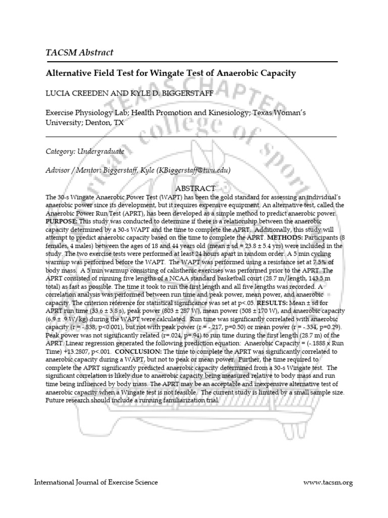 Alternative Field Test For Wingate Test of Anaerobic Capacity | PDF ...