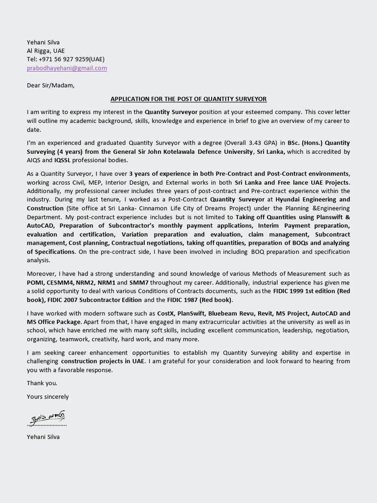 Quantity Surveyor Application - Yehani Silva | PDF | Surveying | United ...