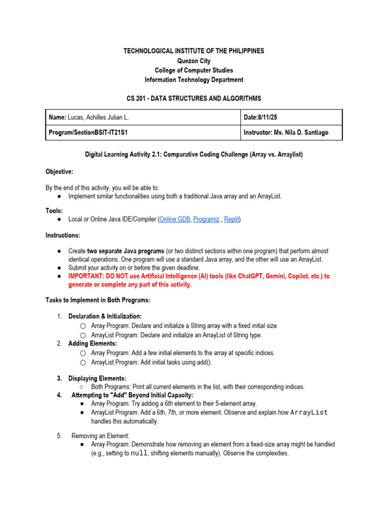 Lucas - Digital Learning Activity 2.1 - Comparative Coding Challenge (Array vs. ArrayList) | PDF ...