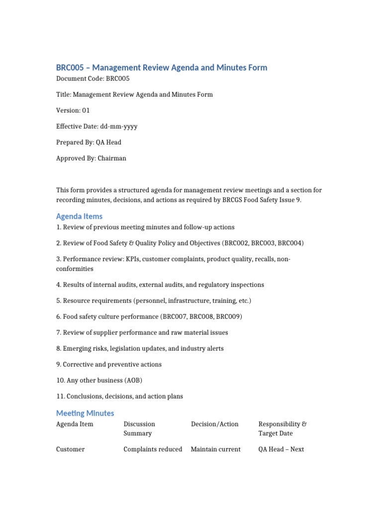 Management Review Agenda & Minutes Form | PDF