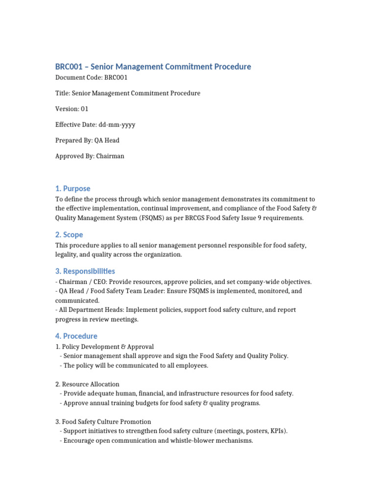 BRC001 Senior Management Commitment Procedure | PDF | Food Safety | Audit